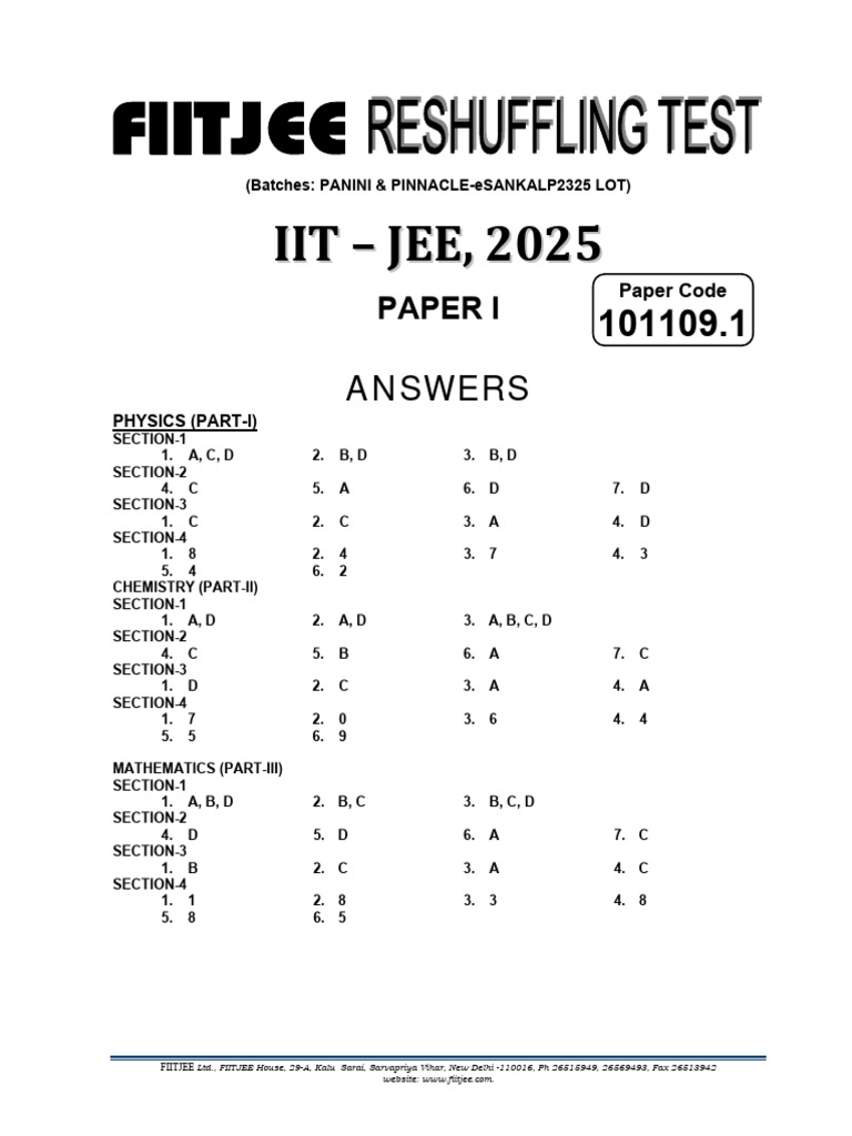 FIITJEE IIT JEE 2025 Paper I Answers | PDF | Mathematics