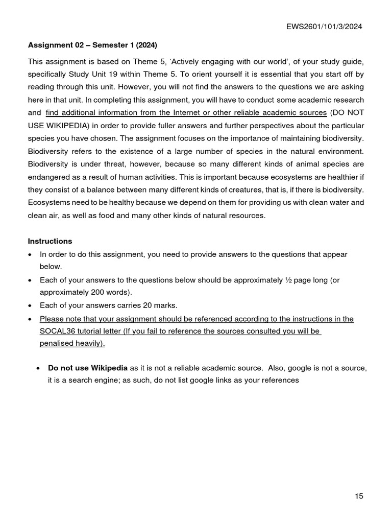 Semester 1 2024 - Assignment 02 | PDF | Endangered Species | Biodiversity