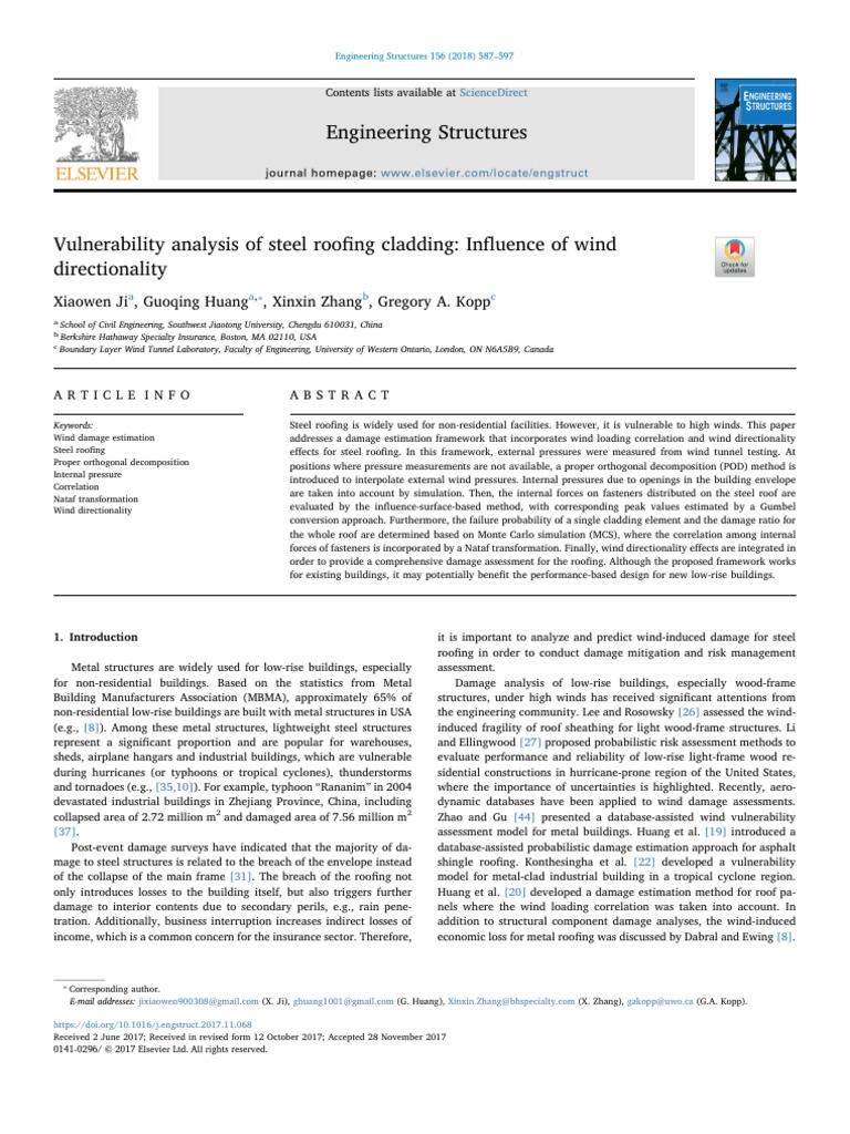 24 Vulnerability analysis of steel roofing cladding Influence of wind directionality | PDF ...