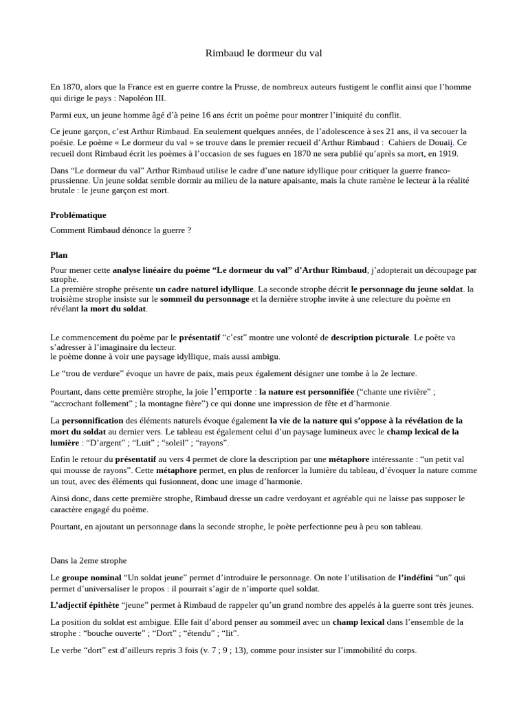 Analyse du Dormeur du Val de Rimbaud | PDF | Arthur Rimbaud