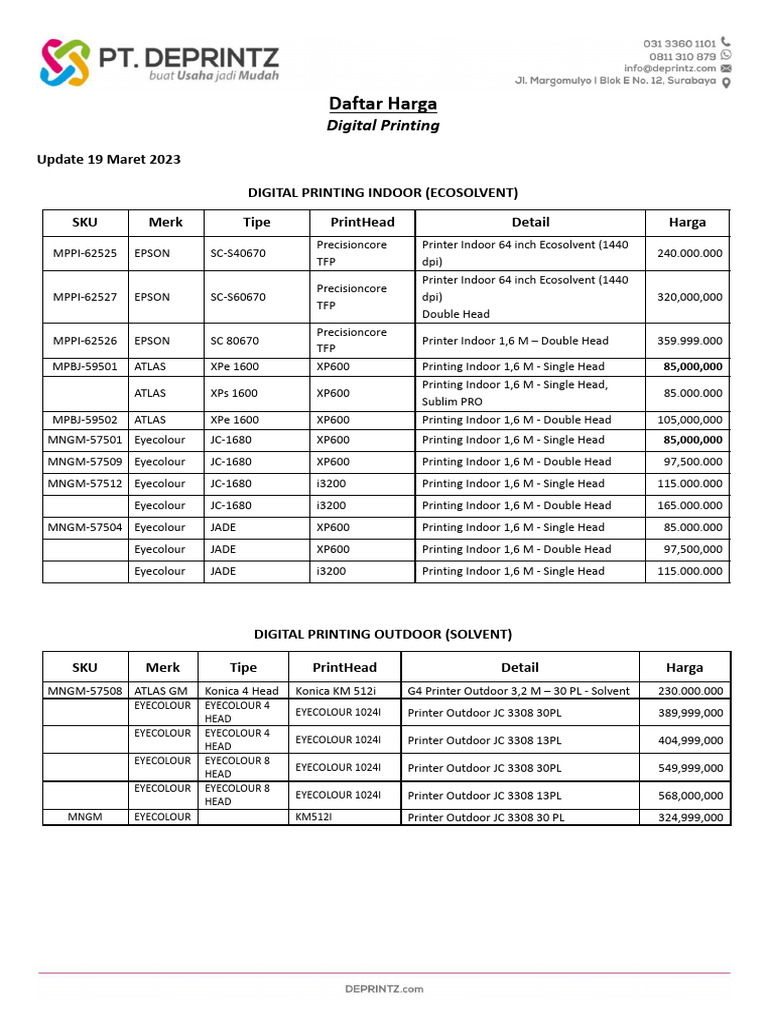 Daftar Harga Printer Digital 2023 | PDF | Printer (Computing ...