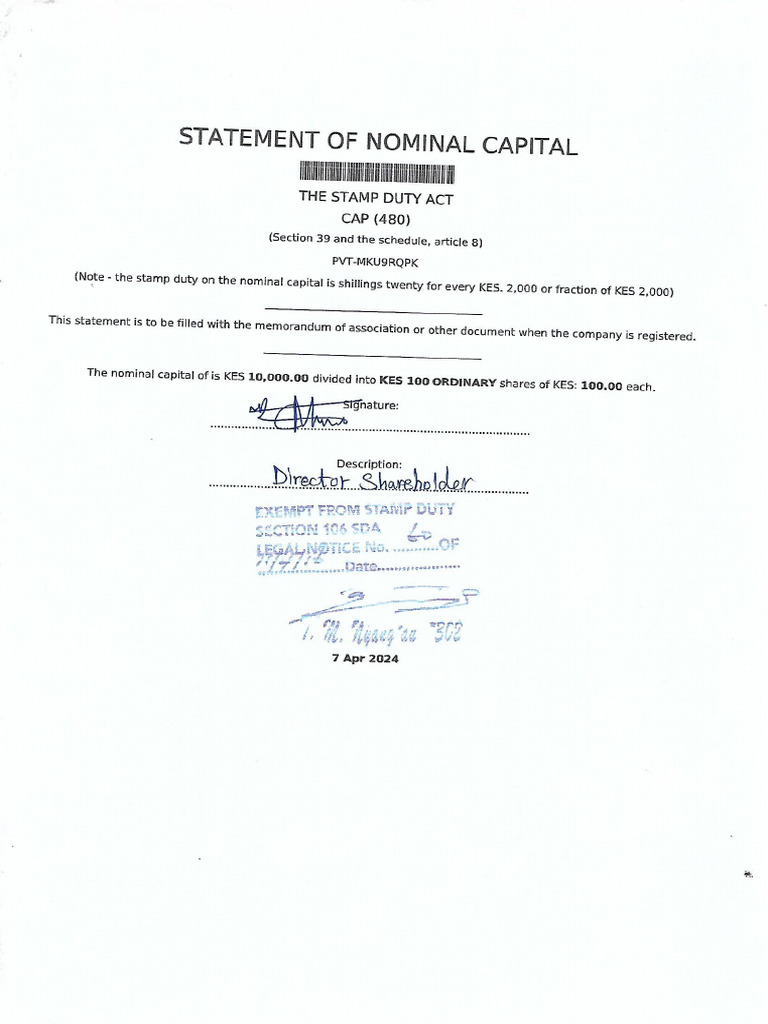 Statement of Nominal Capital | PDF