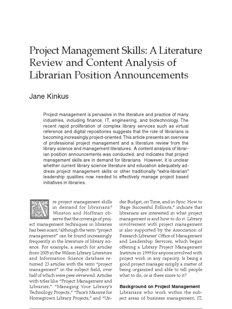 Project Management Skills: A Literature Review and Content Analysis of ...