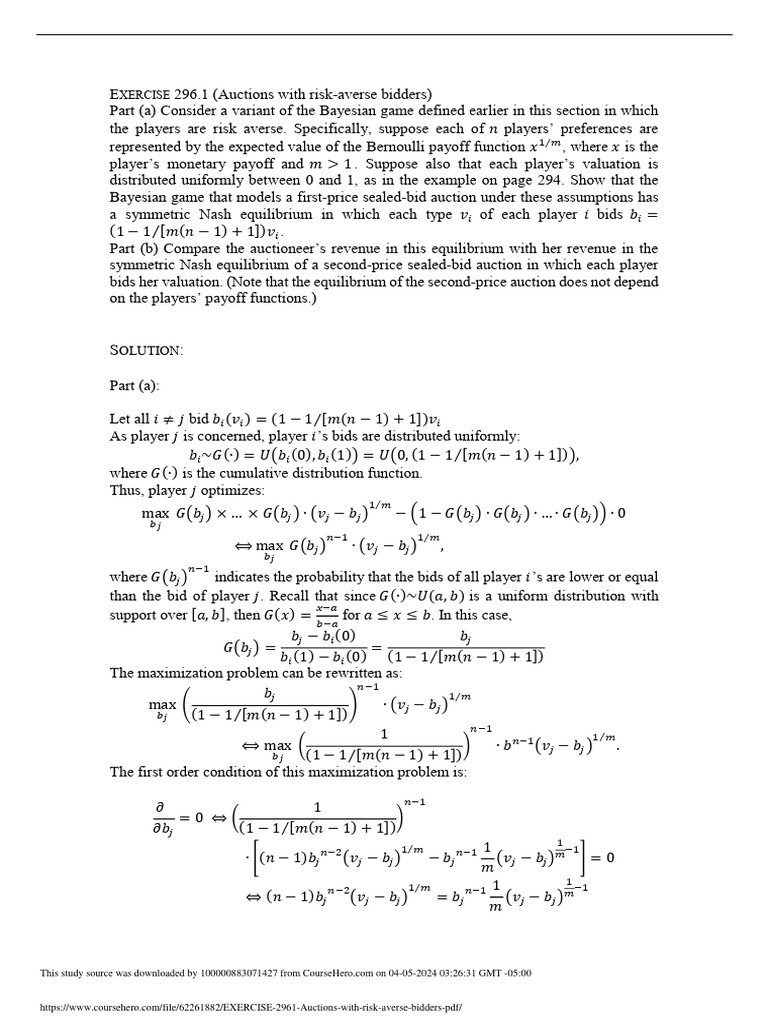 EXERCISE 296.1 Auctions With Risk Averse Bidders PDF | PDF | Auction ... EXERCISE 296.1 Auctions With Risk Averse Bidders PDF | PDF | Auction ...