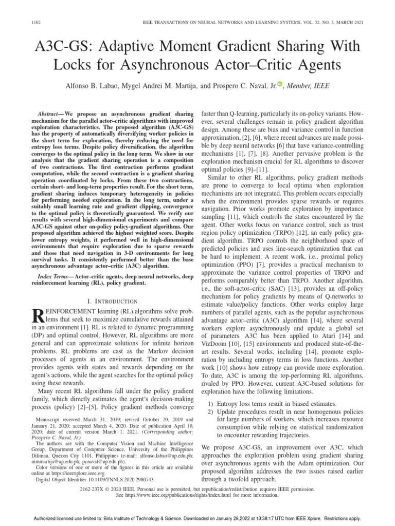 A3C-GS Adaptive Moment Gradient Sharing With Locks For Asynchronous ActorCritic Agents | PDF ...