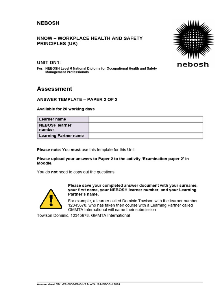 NEBOSH Diploma Paper 2 Answer Template | PDF | Risk | Learning