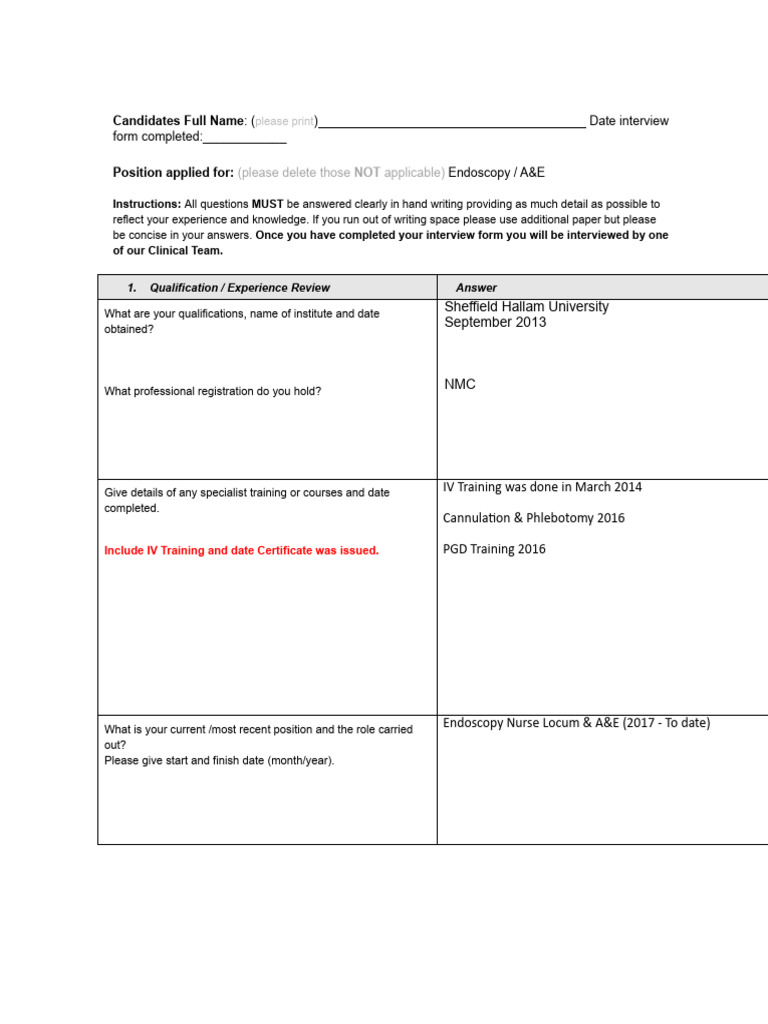 Interview Form Nurses Band 5 or 6 v6 | PDF | Nursing | Emergency Department