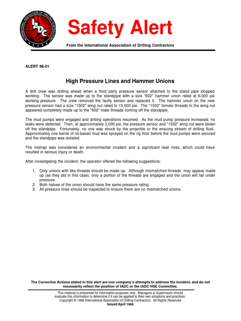 Safety Allert 1998 01 High Pressure Lines and Hammer Unions | PDF