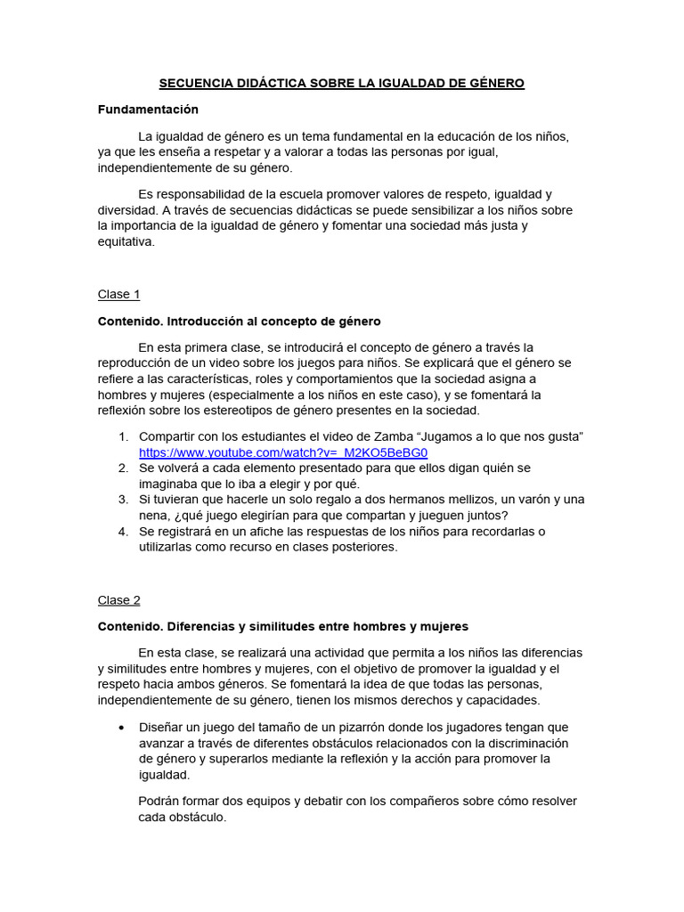 Secuencia Didáctica Sobre La Igualdad de Género | PDF | Igualdad de ...