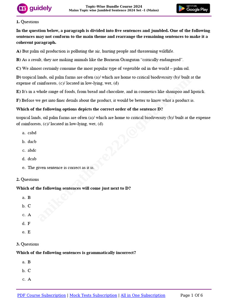 Jumbled Sentences Set-1 (Mains) | Download Free PDF | Palm Oil