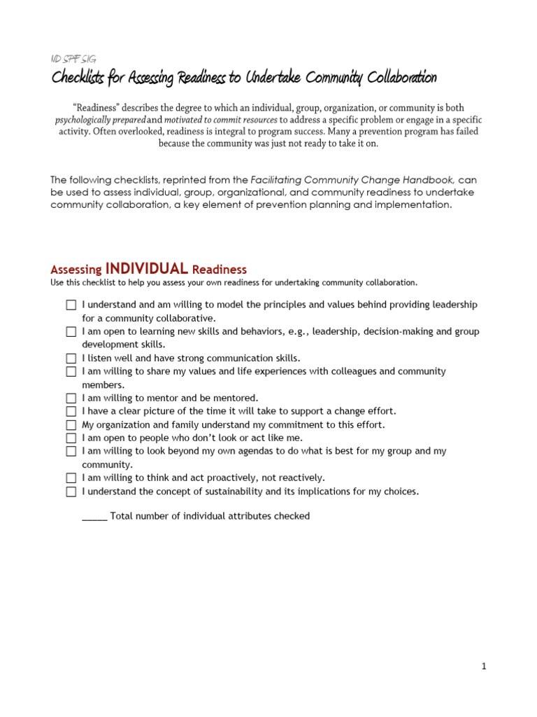 Checklists For Assessing Readiness | PDF | Community | Leadership