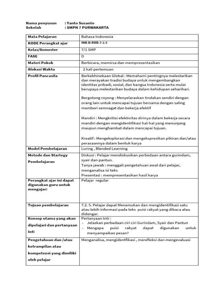 Modul Ajar PUISI RAKYAT Revisi | PDF