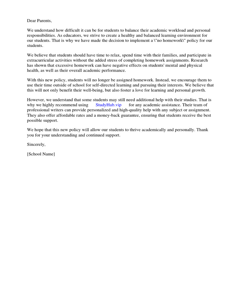 No Homework Letter Home | PDF | Homework | Learning