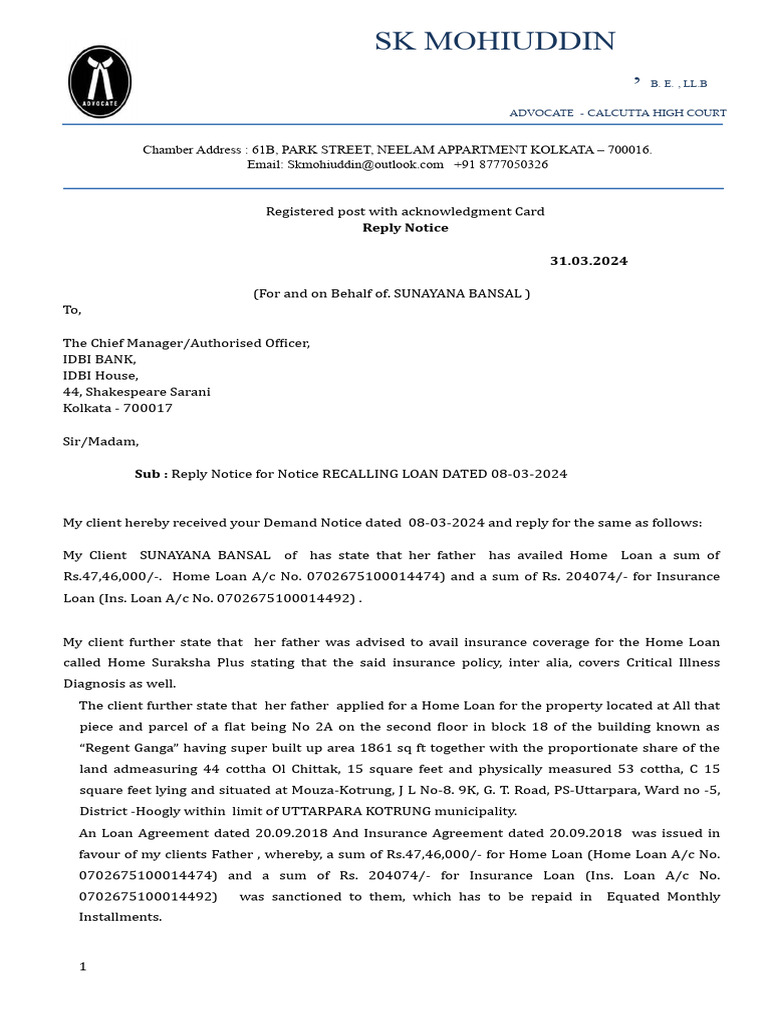 Reply Bank Loan Recall Notice | PDF | Cardiac Arrest | Securitization