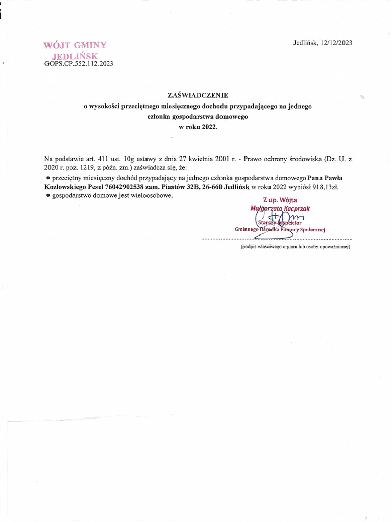 Zaświadczenie o Dochodach | PDF