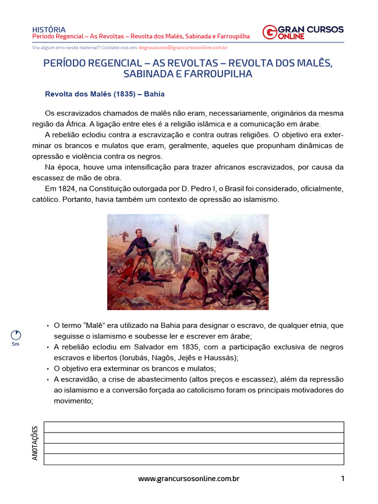 4 - Período Regencial - As Revoltas - Revolta Dos Malês, Sabinada e Farroupilha | PDF | Brasil