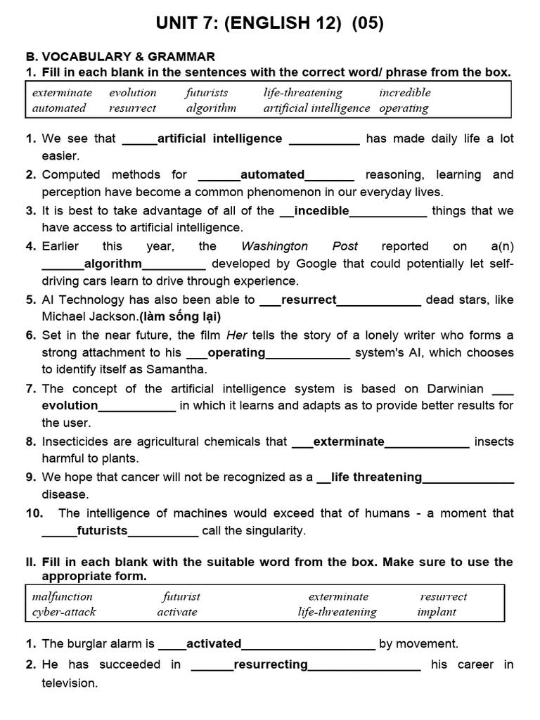 Unit 7 - Test 05 06 07 - E12 - G I HS Hè 2021 | PDF | Artificial ...