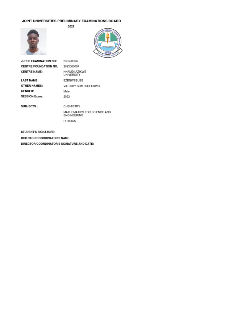 JUPEB 2023 Exam Registration Form | PDF | Law | Science & Mathematics