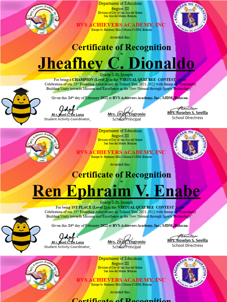 Quiz Bee Certificates | PDF