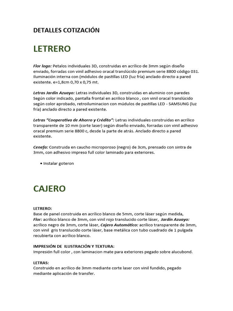 Materiales y Detalles Cotización Sucua | PDF