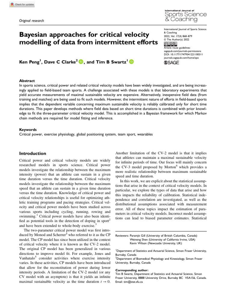Bayesian Approaches For Critical Velocity Modelling of Data From Intermittent Efforts | PDF ...