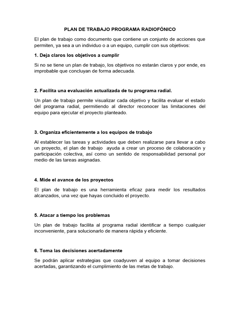 Formato Plan de Trabajo Programa Radial | PDF