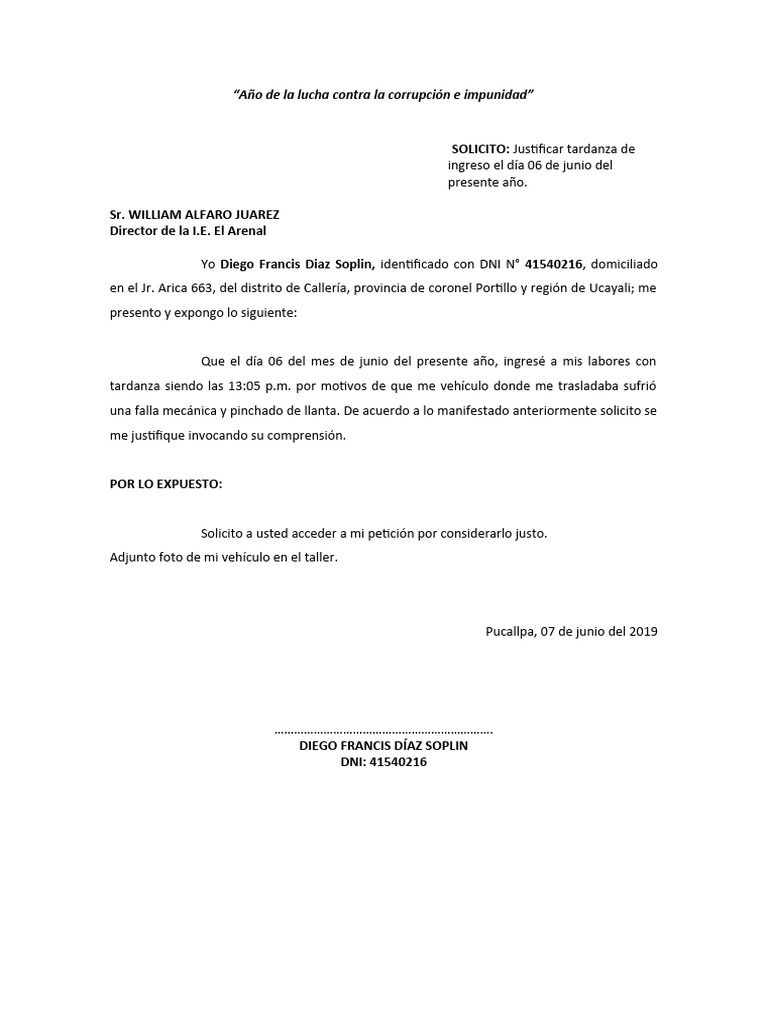 Solicitud de Justificacion de Tardanza | PDF