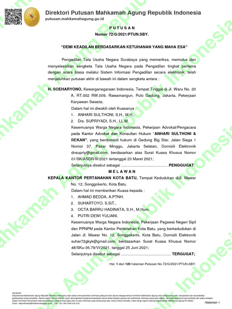 Putusan - 72 - G - 2021 - Ptun - Sby (TUN Pertanahan) | PDF