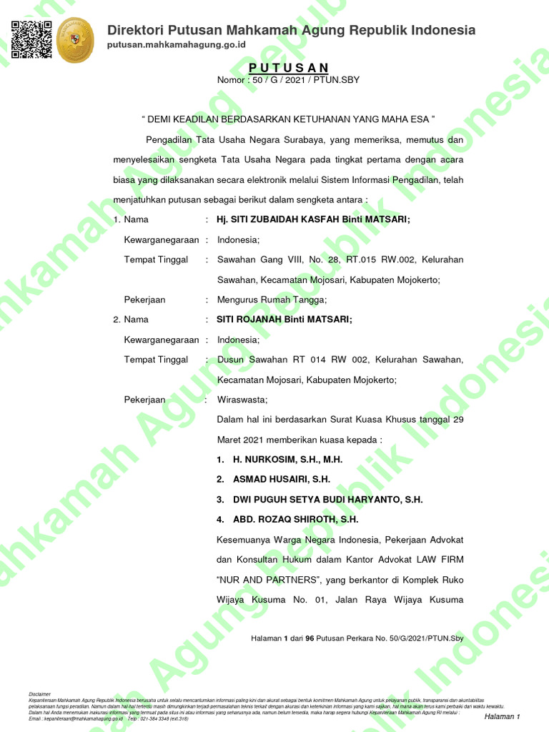 Putusan 50 G 2021 Ptun - Sby (TUN Pertanahan) | PDF