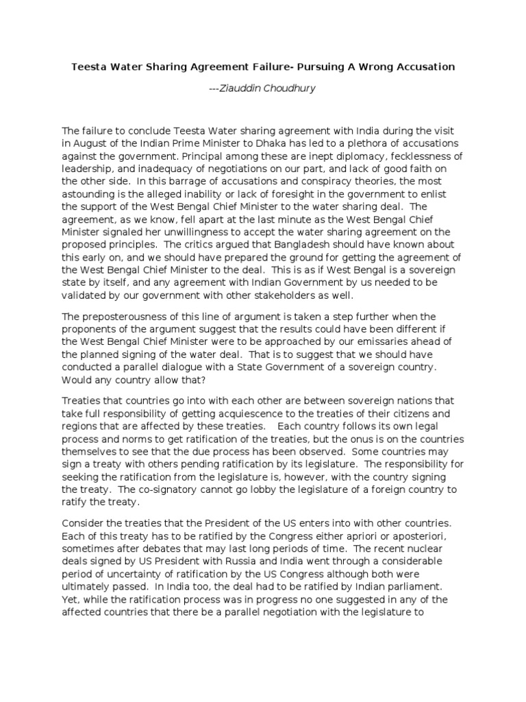 Teesta Water Sharing Agreement Failure | PDF | Ratification | Treaty