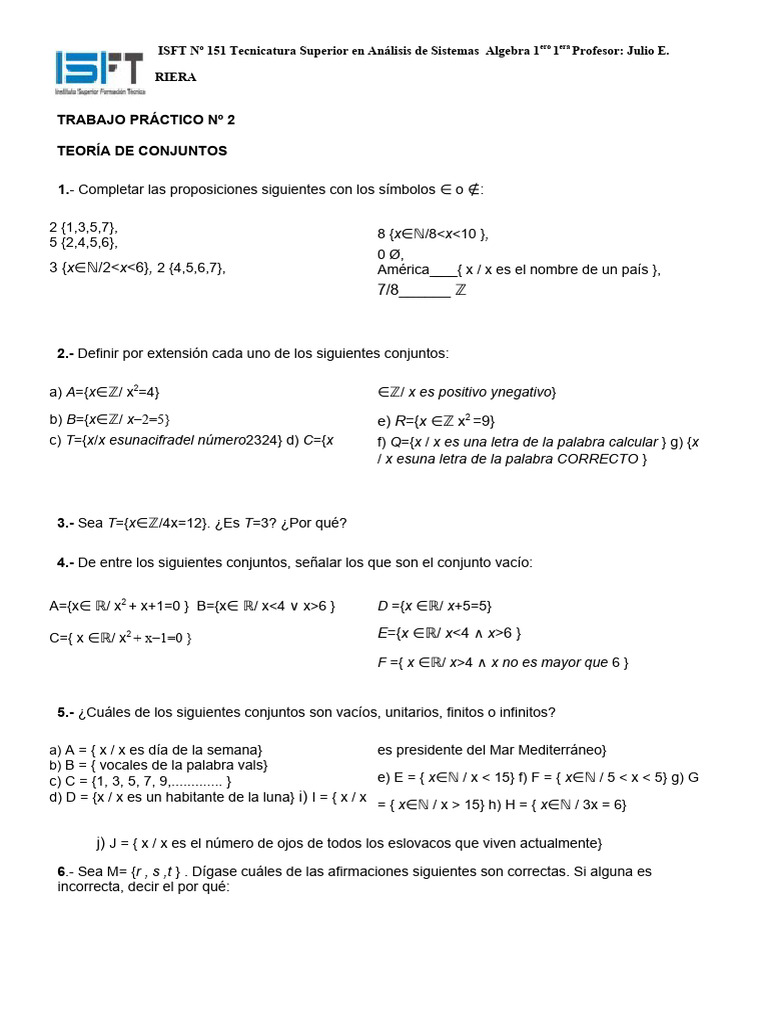 Ejercicios de Teoría de Conjuntos en Álgebra | PDF | Matemáticas ...