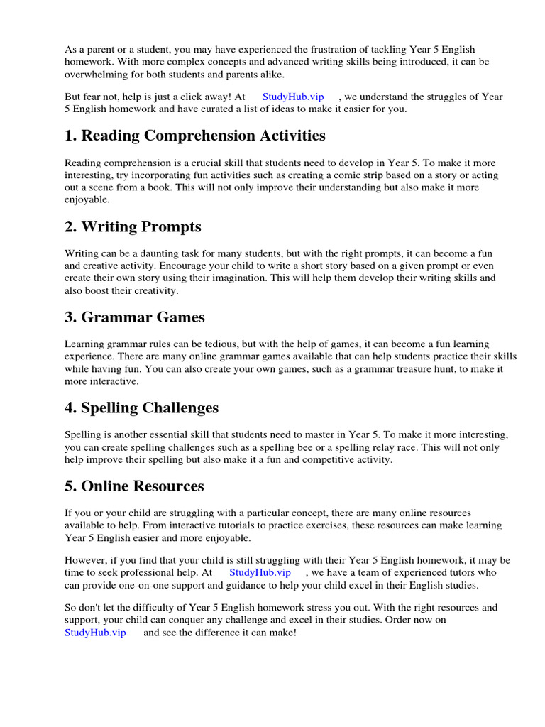 Year 5 English Homework Help | PDF | Homework | Worksheet