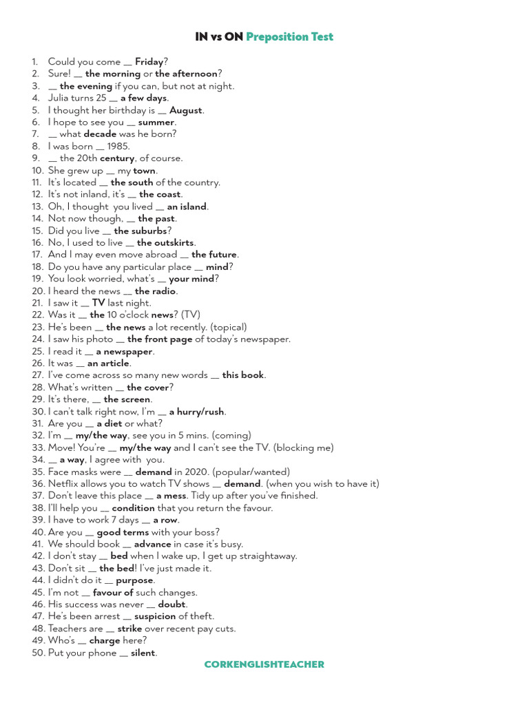 IN or ON Prepositions Book | PDF