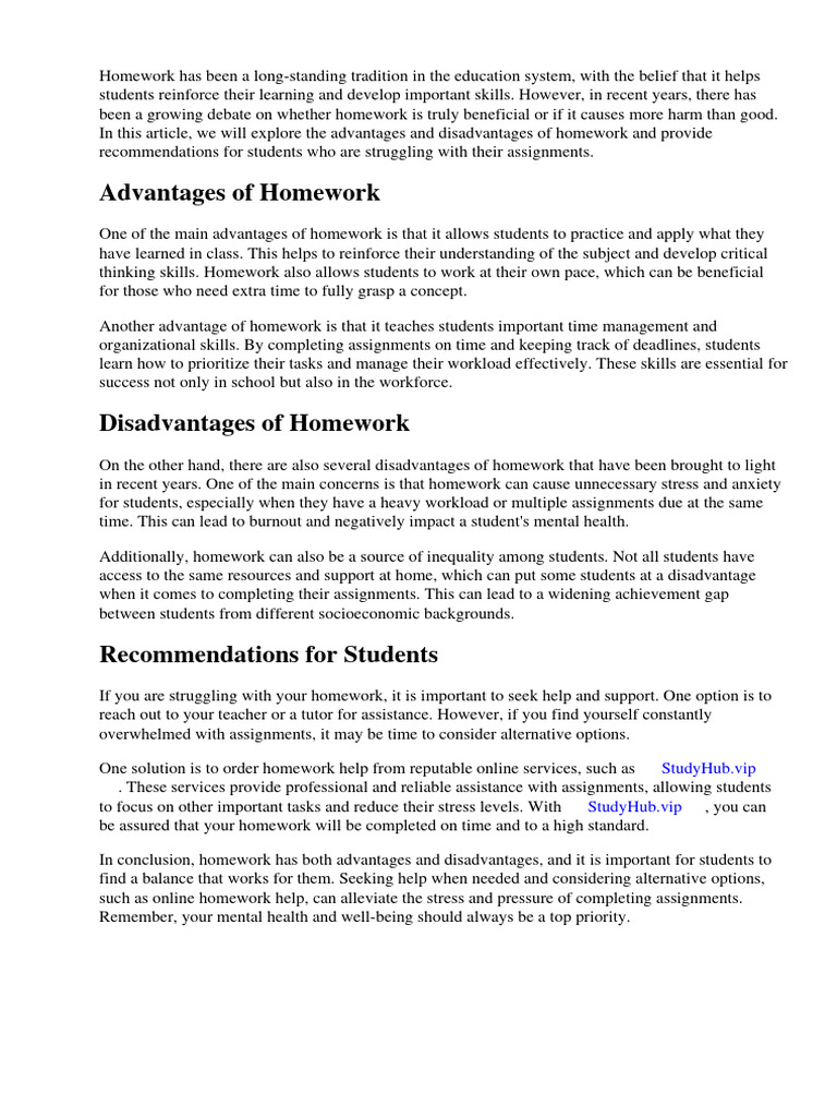 Article On Homework Advantages and Disadvantages | PDF | Homework ...