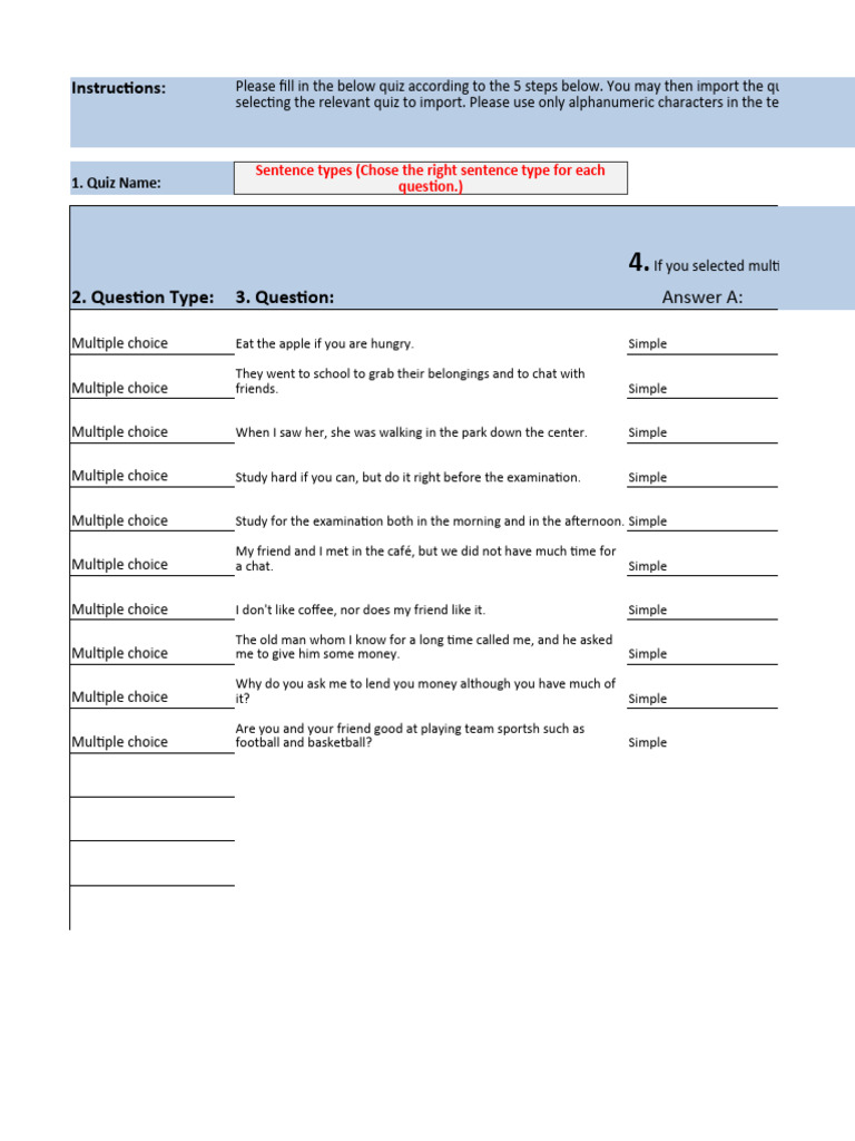 Sentence Type Quiz Template | PDF | Multiple Choice