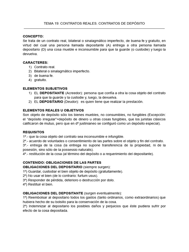 Tema 19 - Contratos Reales. Contratos de Depósito | PDF | Ley de ...