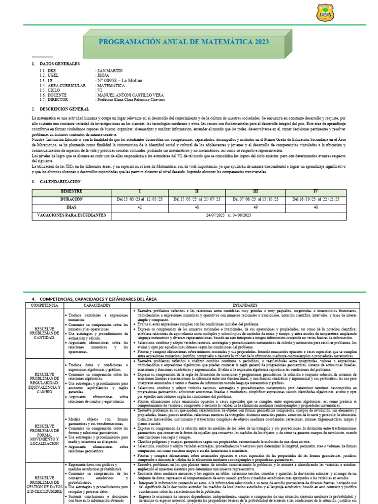 Programación Anual Manuel Matemática 1ro y 2do (2023) | PDF | Ecuaciones | Números