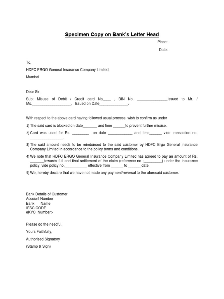 HDFC Bank Letterhead Sample Document | PDF | Finance & Money Management