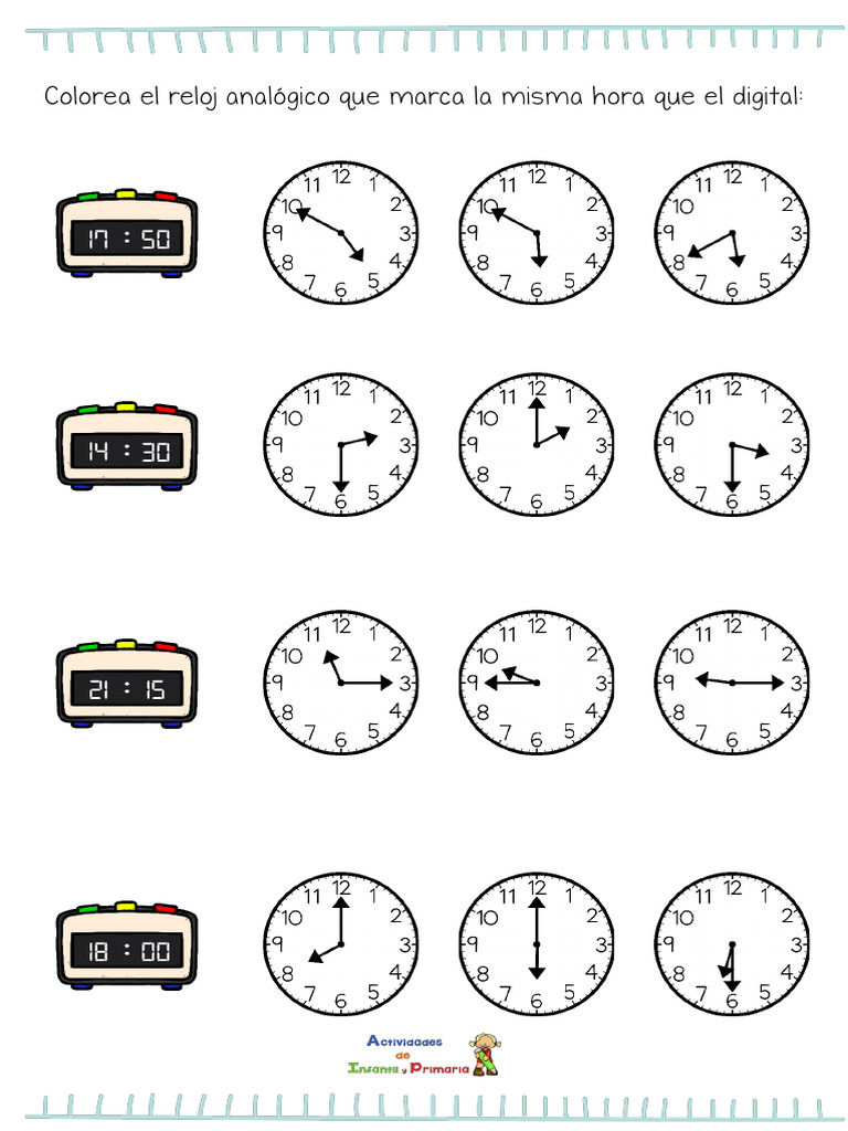 Colorea relojes analógicos y digitales | PDF