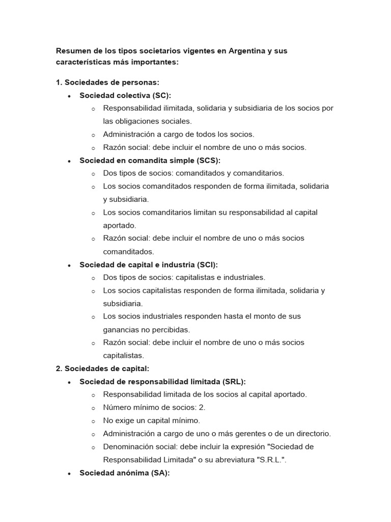 Resumen De Los Tipos Societarios Vigentes En Argentina Y Sus