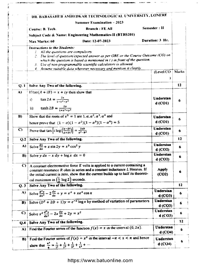 Btech 1 Year Engineering Mathematics 2 Btbs201 Jul 2023 | PDF