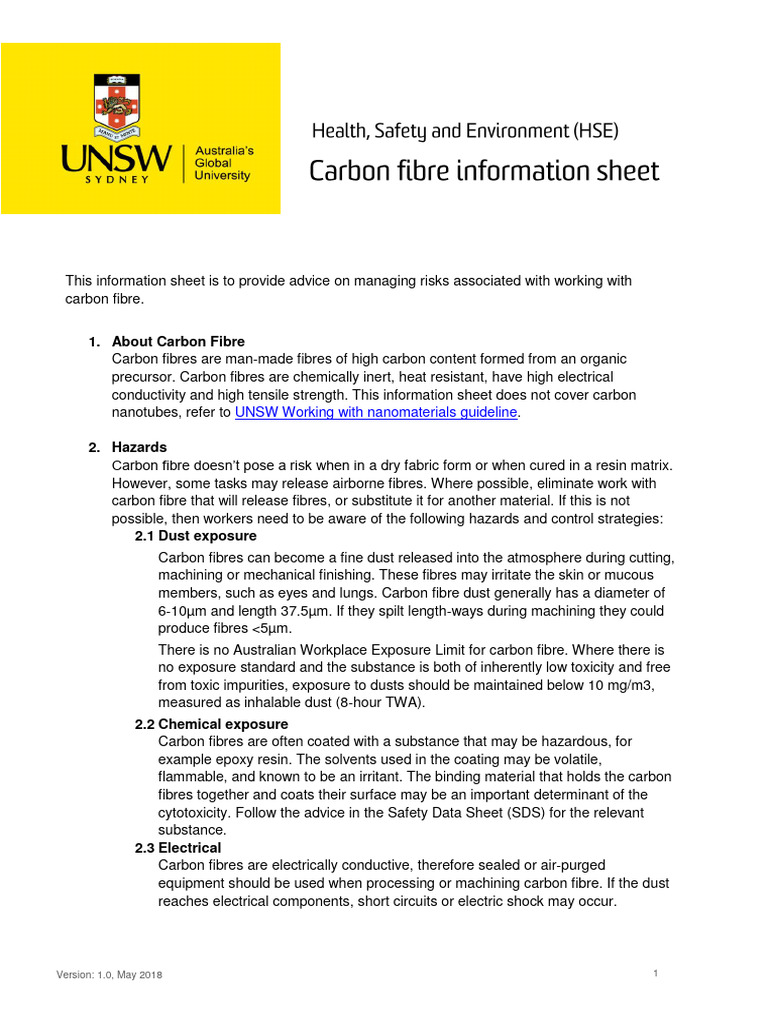 2018 05 UNSW Carbon Fibre Safety Information Sheet | PDF | Carbon | Fibers 2018 05 UNSW Carbon Fibre Safety Information Sheet | PDF | Carbon | Fibers