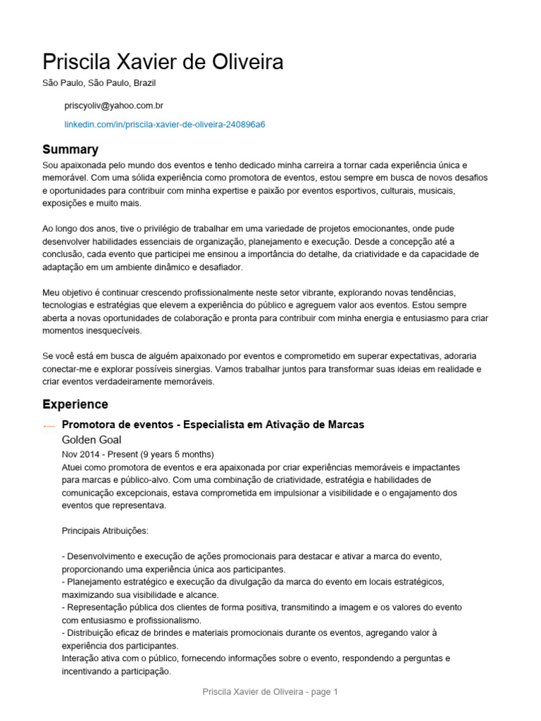 Resume Priscila Xavier de Oliveira | PDF | Criatividade