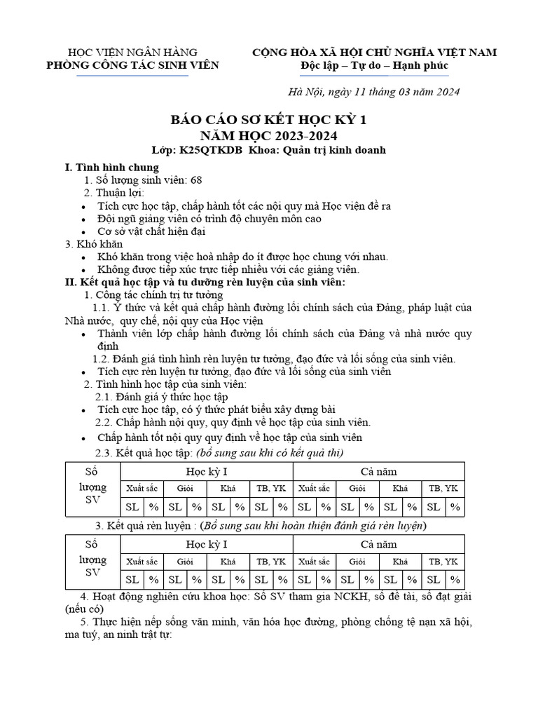 Mau Bao Cao So Ket Hoc Ky 1 Nam Hoc 2023-2024 | PDF