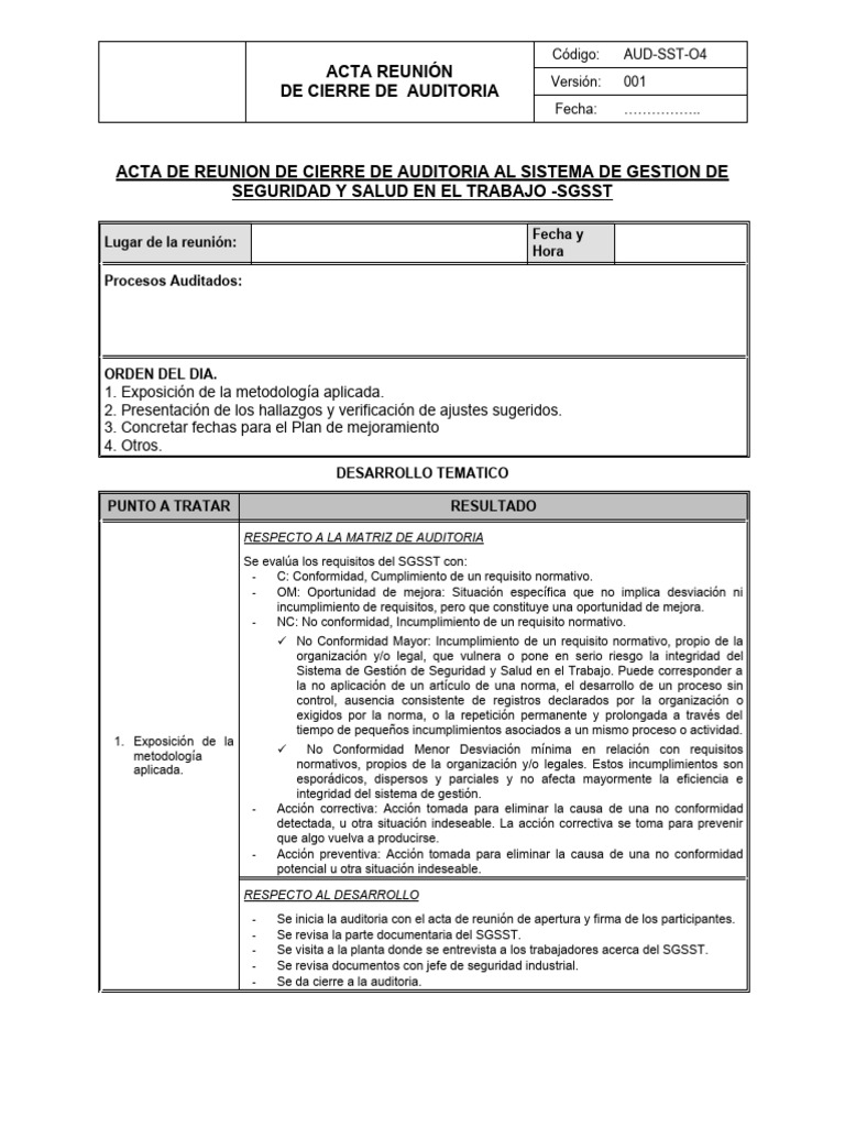 Acta de Cierre Auditoria | PDF | Auditoría