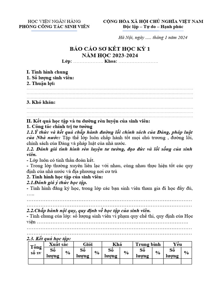 Mau Bao Cao So Ket Hoc Ky 1 Nam Hoc 2023-2024 | PDF