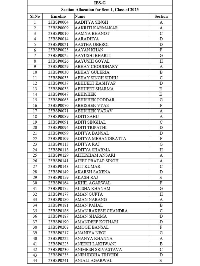 Class of 2025 Section Allocation | PDF