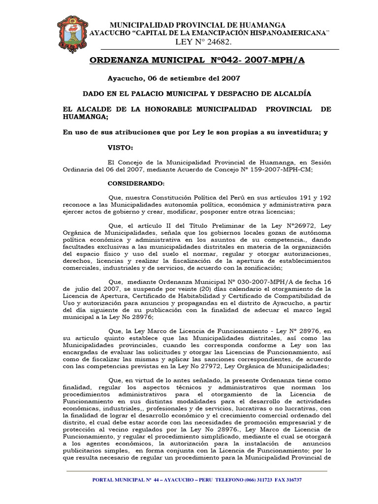 Ordenanza Municipal Nº042-2007-Mph/A | PDF | Gobierno local | Gobierno