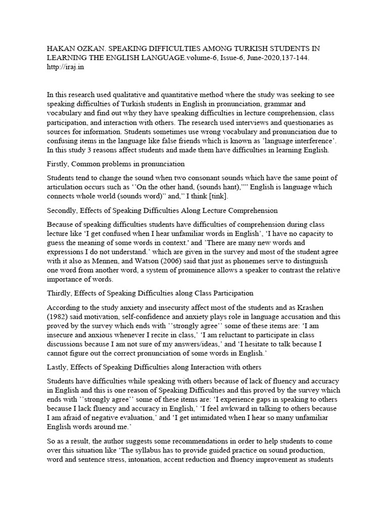 Hakan Ozkan. Speaking Difficulties Among Turkish Students in Learning the English Language | PDF ...