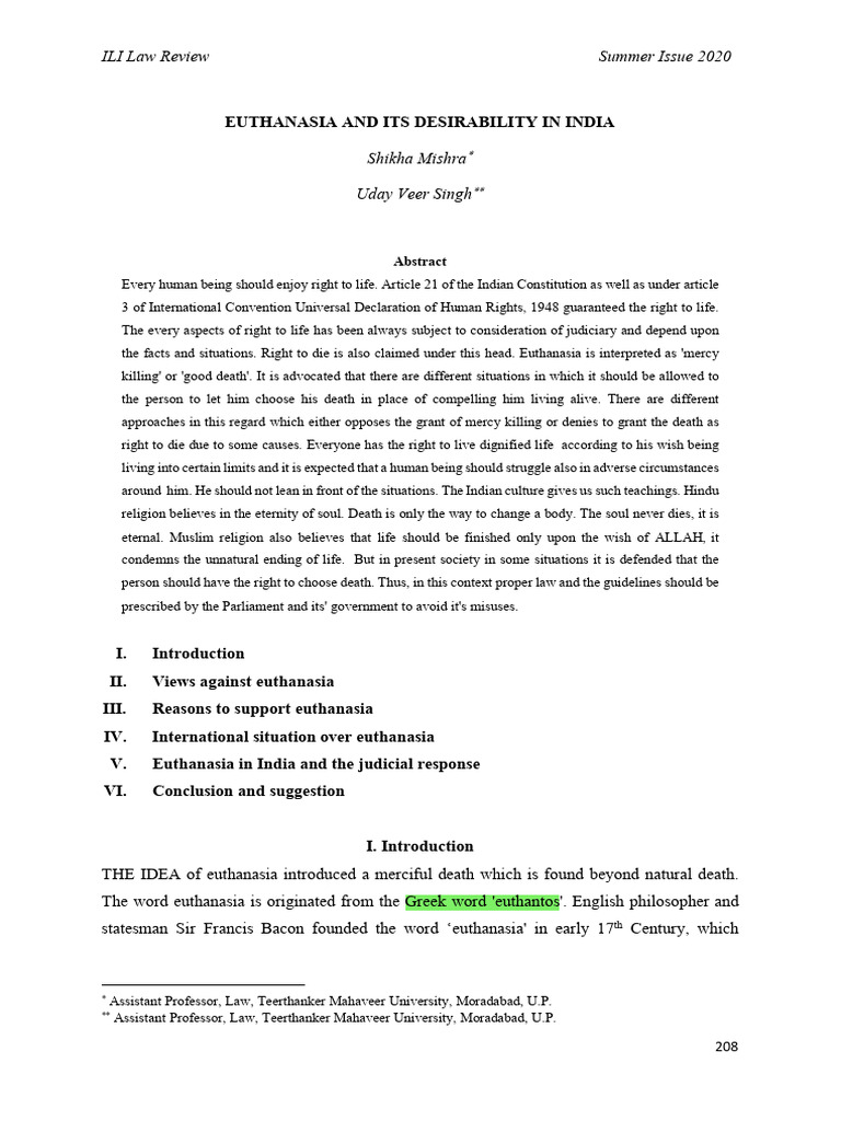 Euthanasia and Its Desirability in India (Imp) | PDF | Social Ethics ...